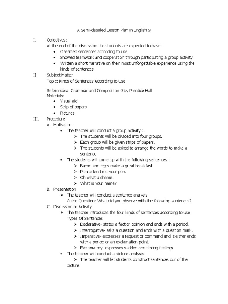 Semi Detailed Lesson Plan | PDF | Lesson Plan | Sentence (Linguistics)