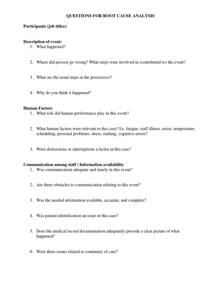 Questions For Root Cause Analysis Participants (Job Titles) | PDF ...