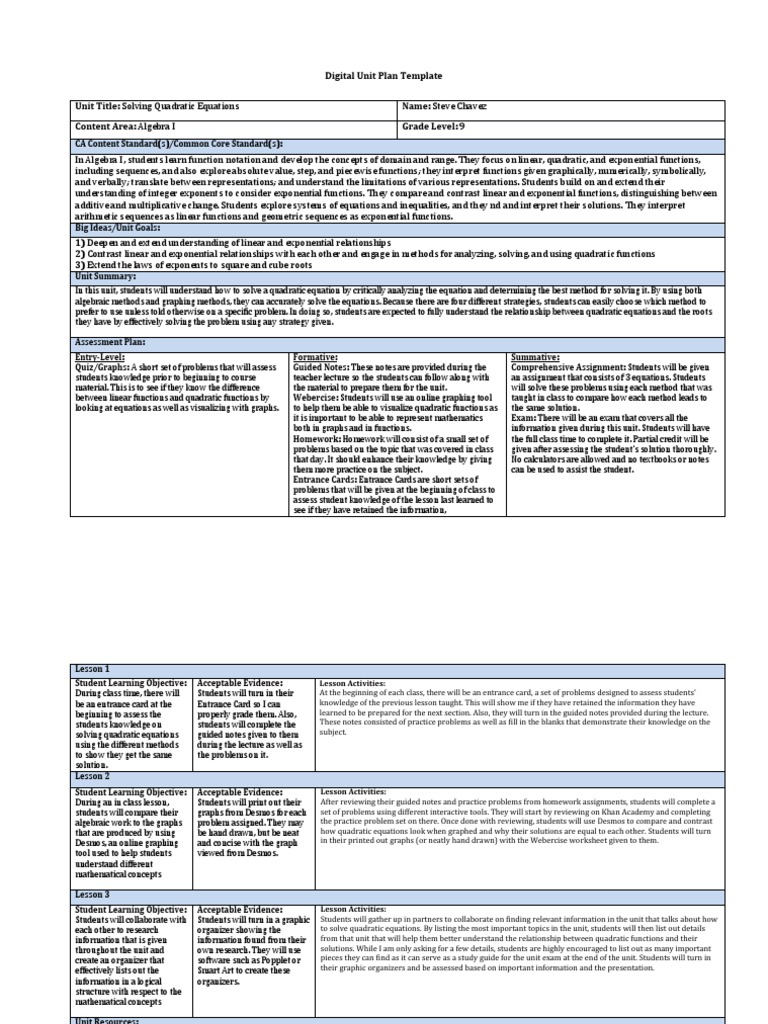 Digital Unit Plan Template | PDF | Quadratic Equation | Exponentiation