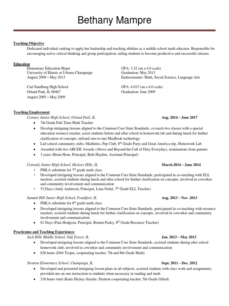 Weebly Mampre Bethany Resume 2017 | PDF | Homework | Middle Schools