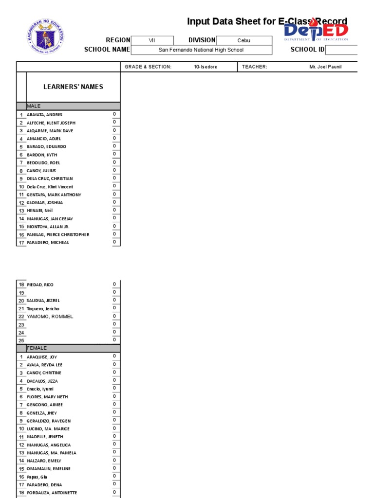 Input Data Sheet For E-Class Record: Region Division School Name School ...
