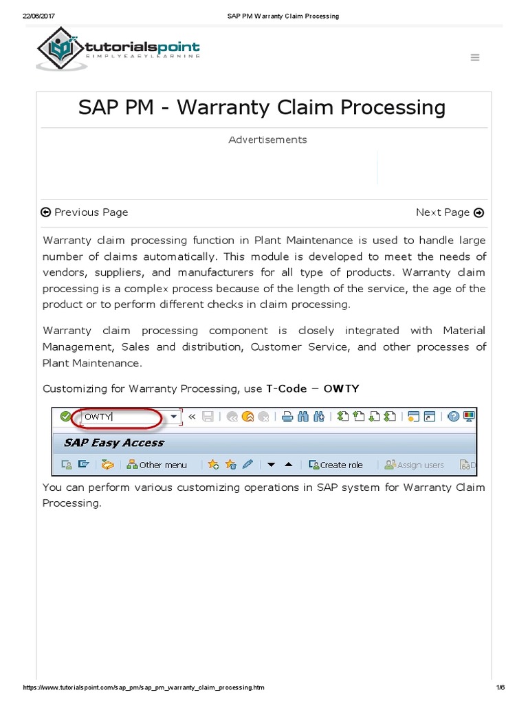 SAP PM Warranty Claim Processing | Information Technology Management ...