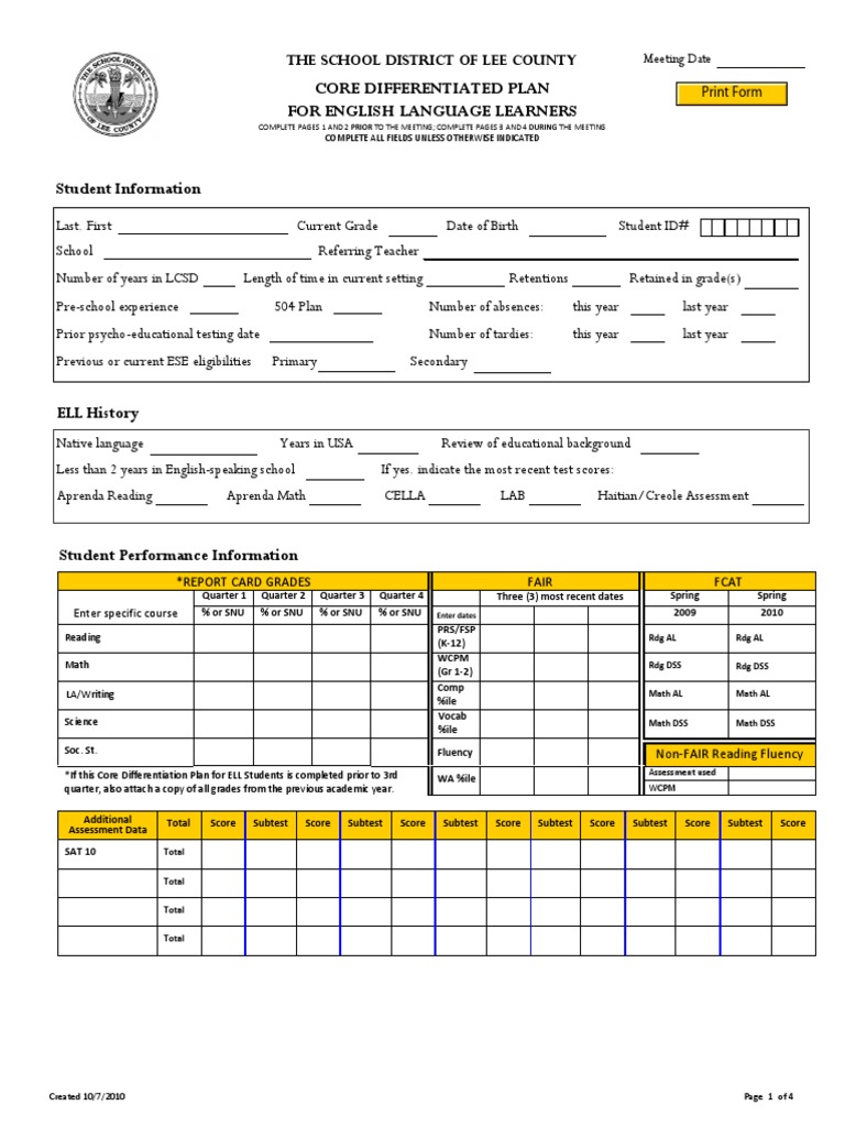 Core Differentiated Plan For English Language Learners: Student ...