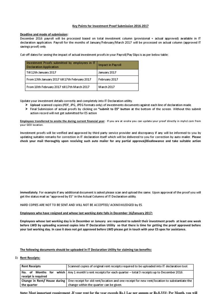 Key Points For Investment Proof Submission 2016-2017 Deadline and Mode ...