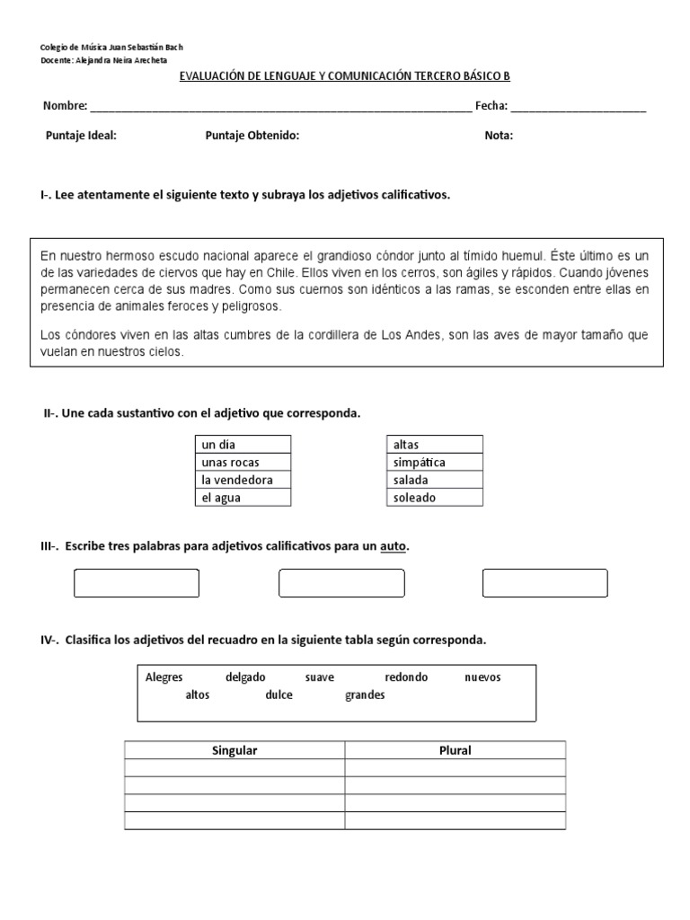 evaluacion adjetivos | Adjetivo | Sintaxis