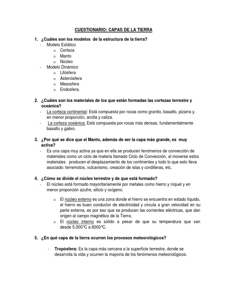Cuestionario Capas de La Tierra | Manto (geología) | Corteza (Geología ...