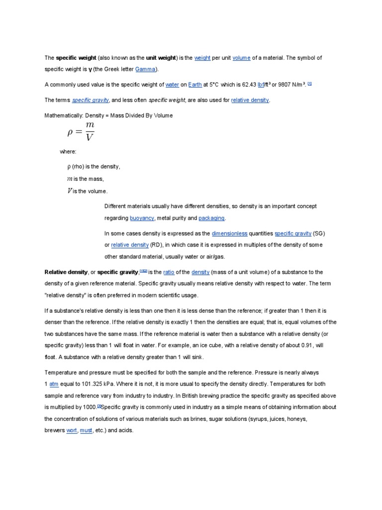 Specific Gravity: Weight Gamma Water Earth LBF Relative Density | PDF ...