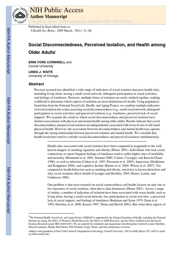 Social Disconnectedness Perceived Isolation and Health Among | PDF ...