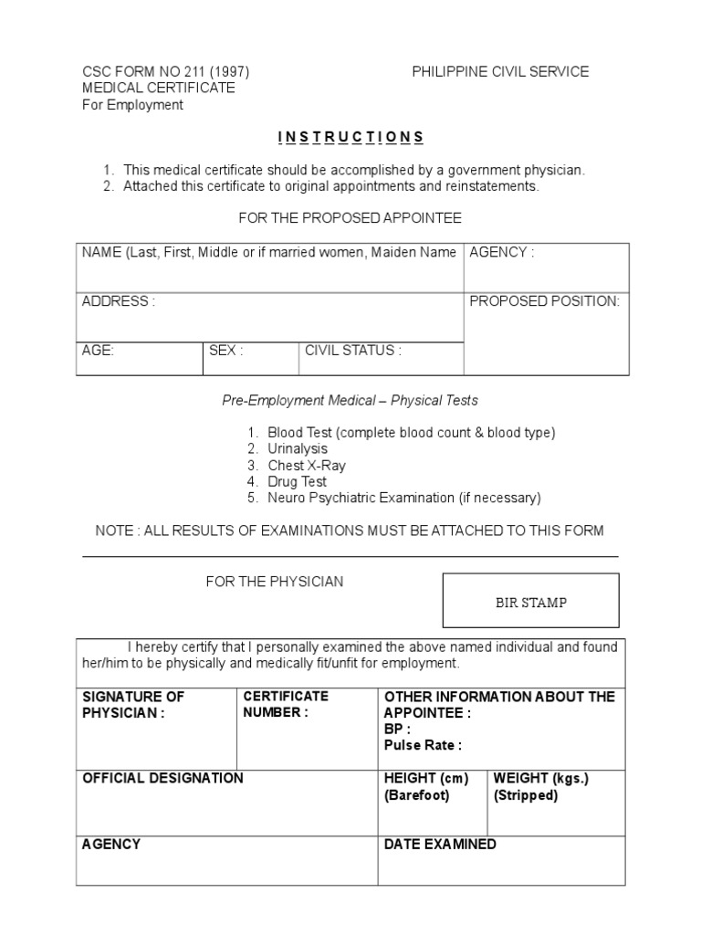 CSC Form No. 211 Medical Certificate | PDF | Health Sciences | Medical ...