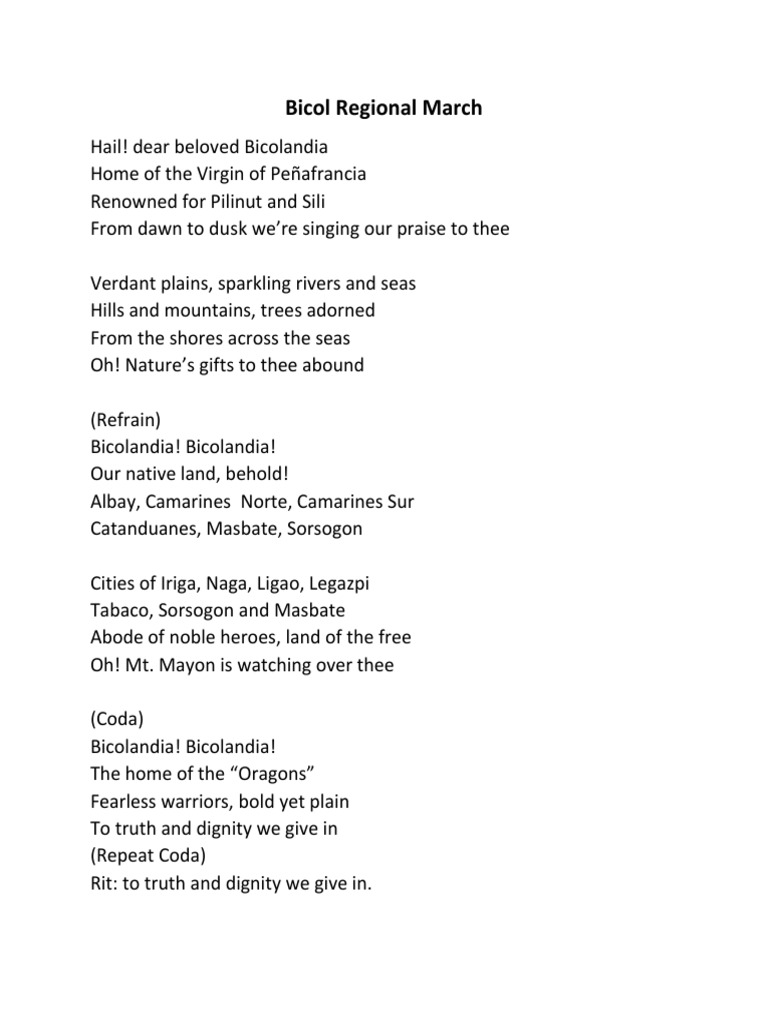 Bicol Regional March and Masbate Hymn | PDF