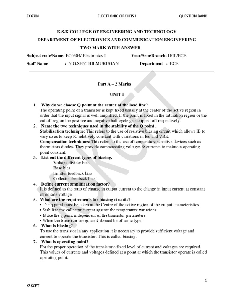 EC6304 Electronic Circuits I Question Bank | PDF | Field Effect Transistor | Amplifier