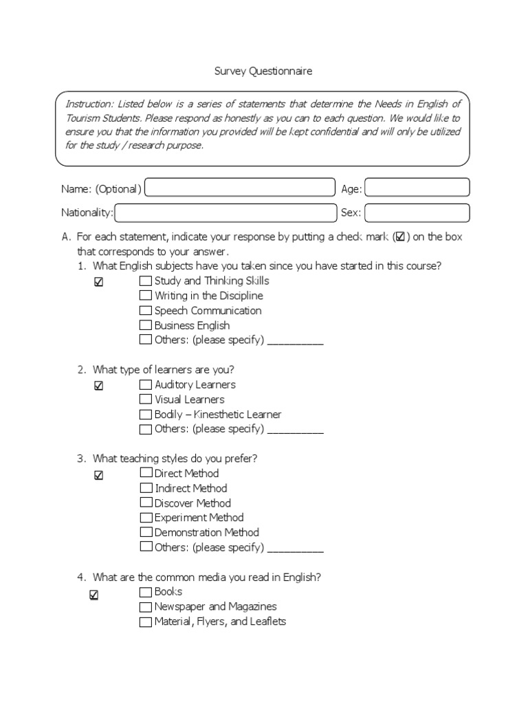 Survey Questionnaire | PDF | Phrase | English Language