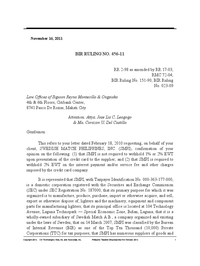 BIR Ruling 456-2011 PDF | PDF | Credit Card | Credit (Finance)