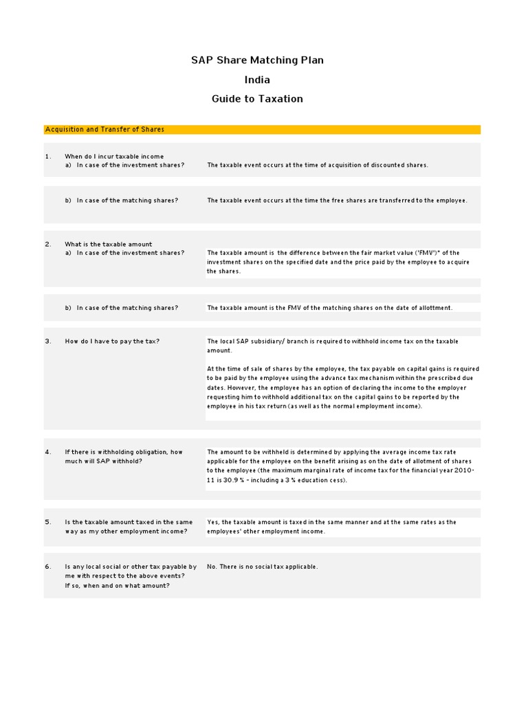 SAP Share Matching Plan India Guide To Taxation: Acquisition and ...