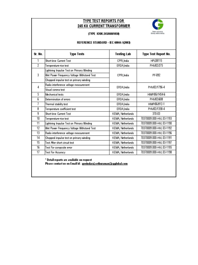 Type Test Reports For 245 KV Current Transformer: Sr. No. Type Tests ...