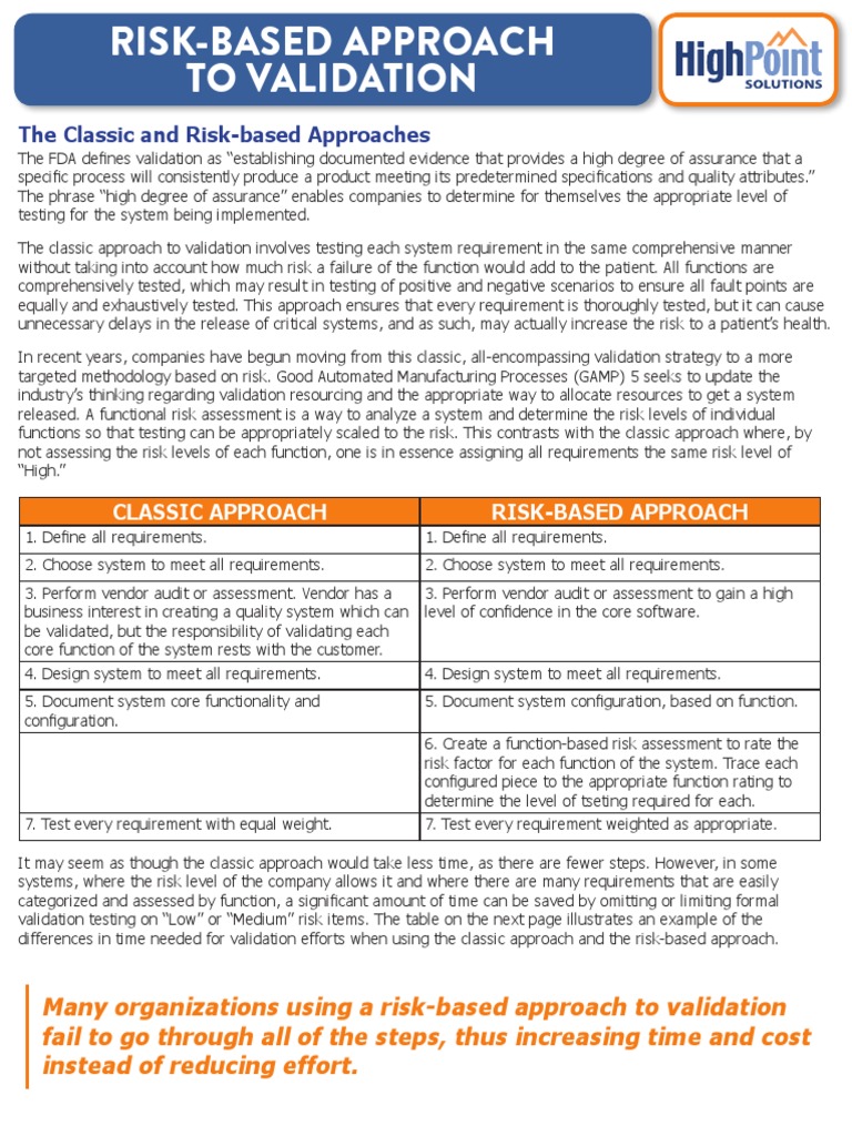 Risk Based Approach To Validation Risk Verification And Validation