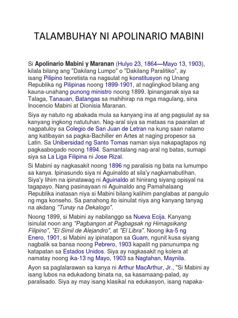 Talambuhay Ni Apolinario Mabini Talambuhay Ni Andres Bonifacio: Ang