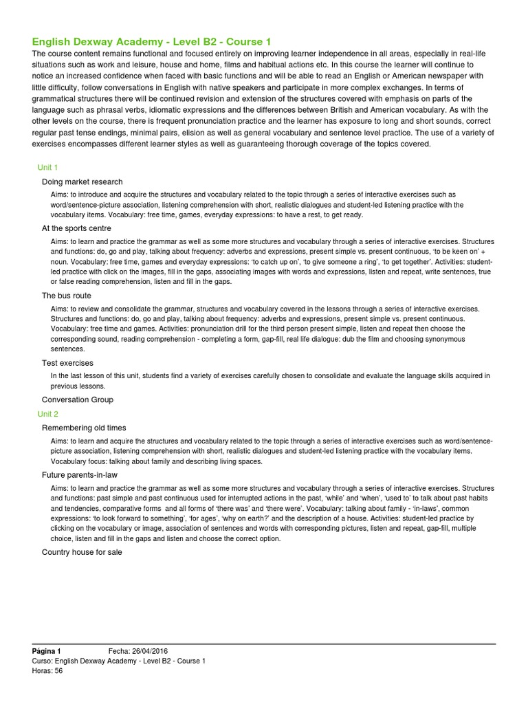 English Dexway Academy - Level B2 - Course 1: Unit 1 | PDF | Vocabulary | Reading Comprehension