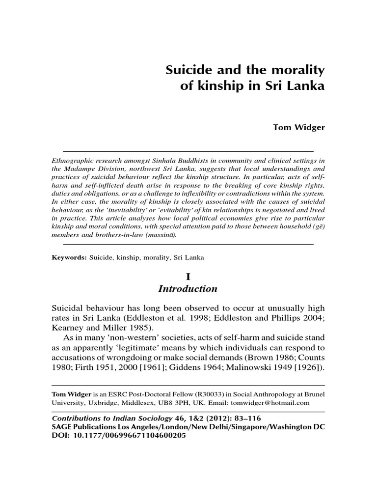 Widger Tom Suicide in Sri Lanka 2012 | PDF | Kinship | Self Harm