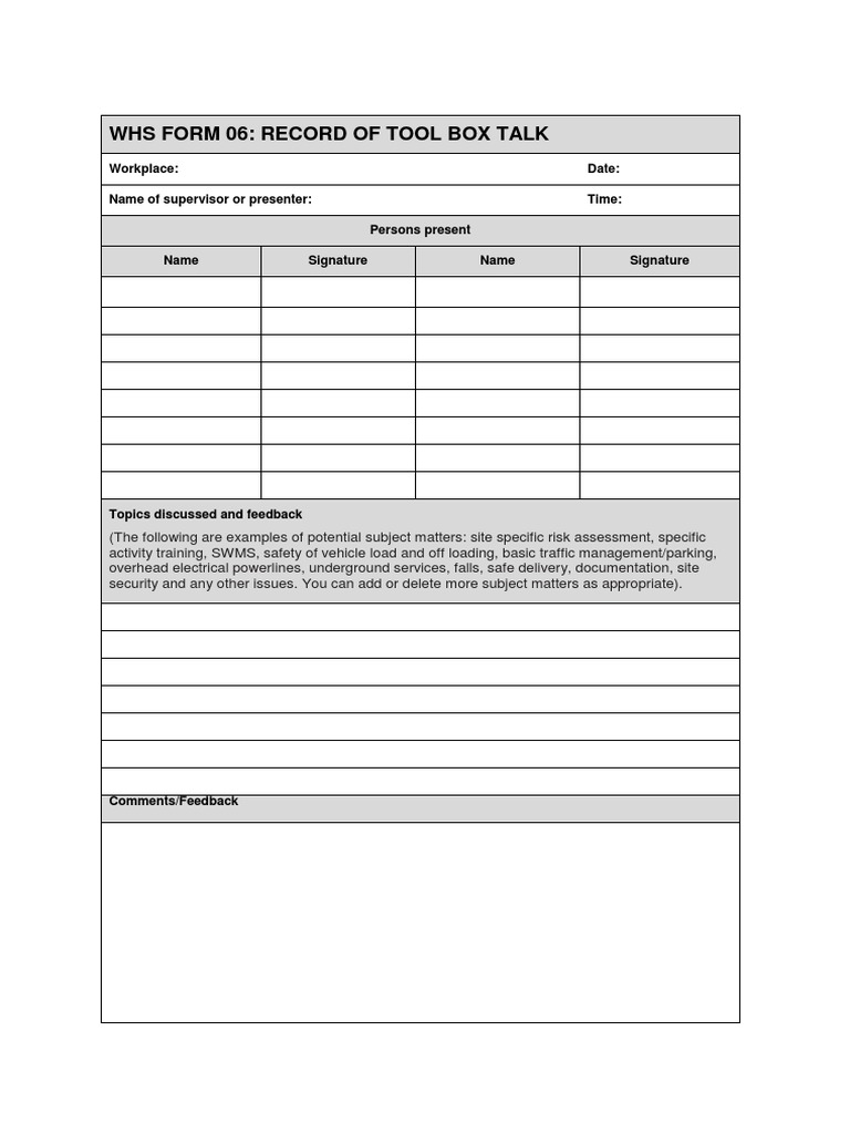 Housing Industry Site Safety Pack Form 6 Record of Tool Box Talk | PDF
