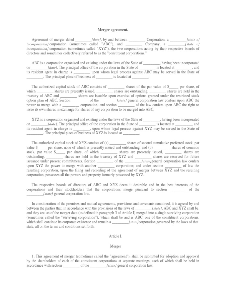 Sample Merger Agreement Template | PDF | Corporations | Stocks