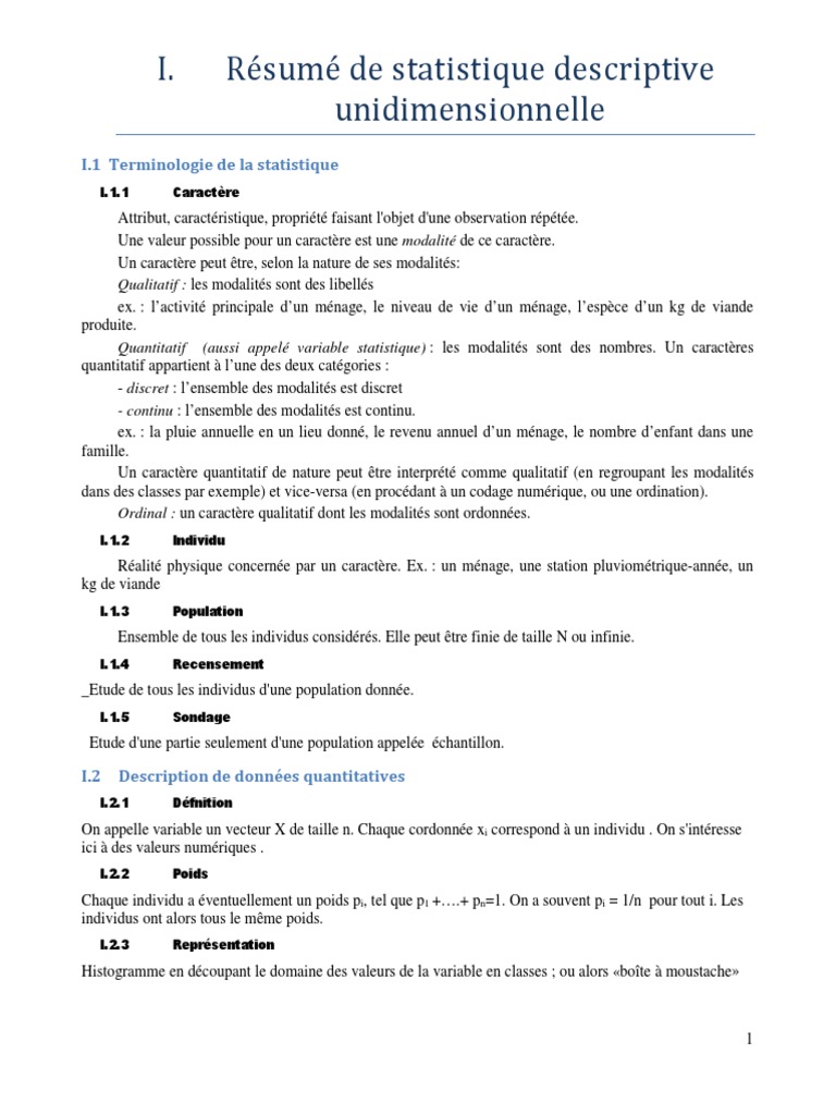 Resume de Statistique Descriptive Unidimensionnelle | PDF | Corrélation ...