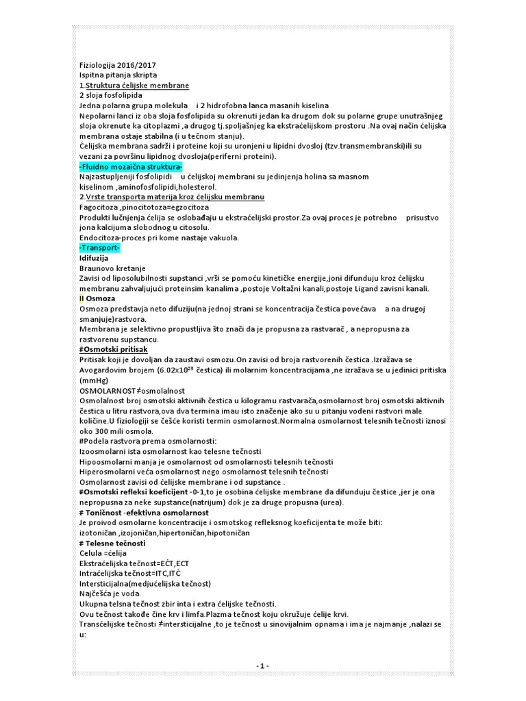 Fiziologija Skripta | PDF