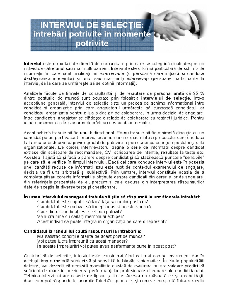 Interviul de Selectie - Intrebari Potrivite in Momente Potrivite PDF | PDF