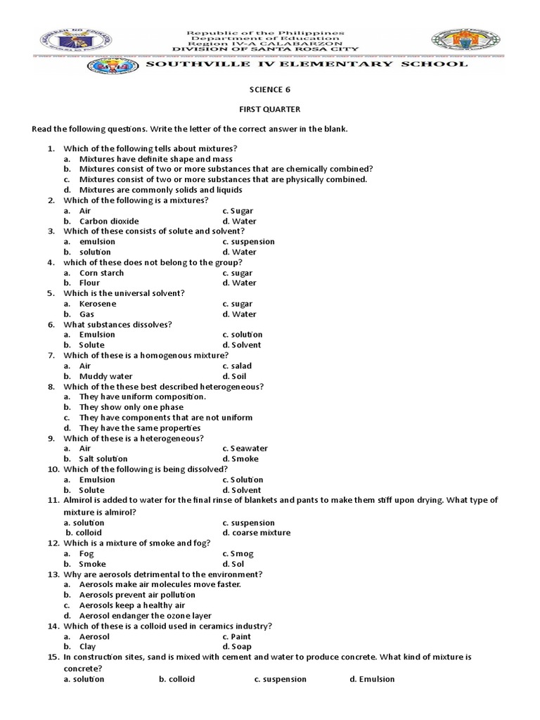 First Quarter Test | PDF | Solution | Colloid