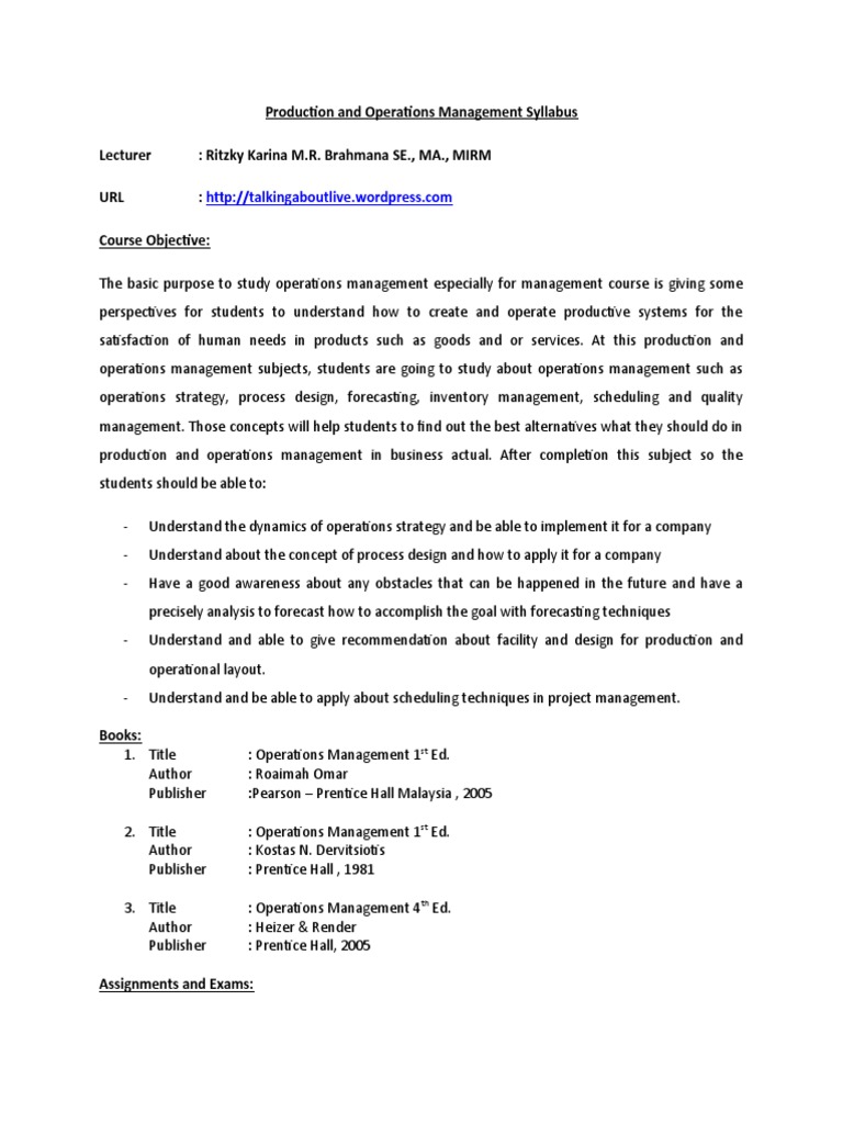 Production And Operations Management Syllabus For Scribd