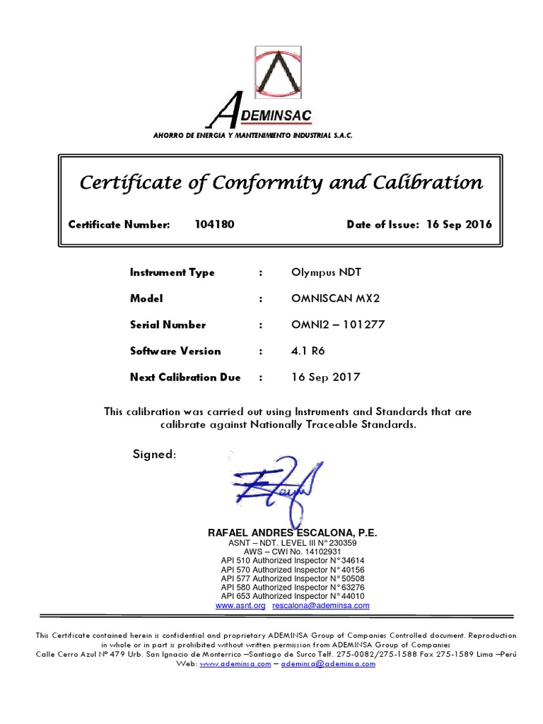 Certificado Olympus Omni Scan Omni2 - 101277. Sept. 2016 | PDF | Computing | Computing And ...