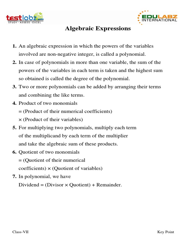 Algebraic Expressions: Class-VII Key Point | PDF