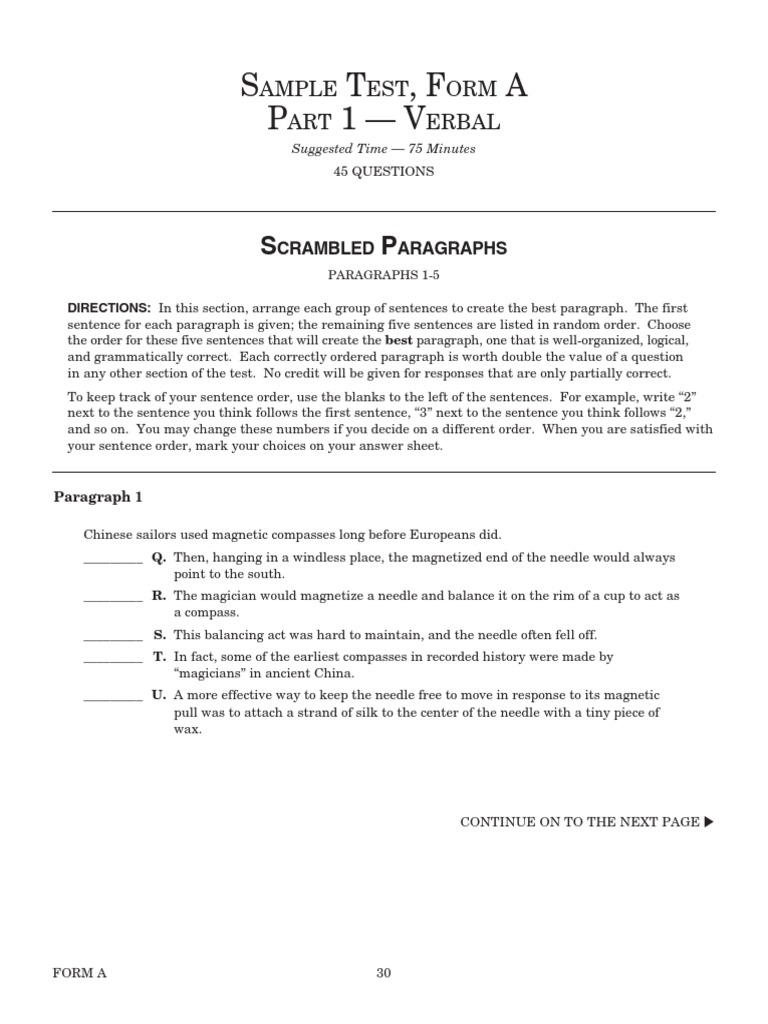SHSAT Sample Test: Form A | PDF | Comet | Tea