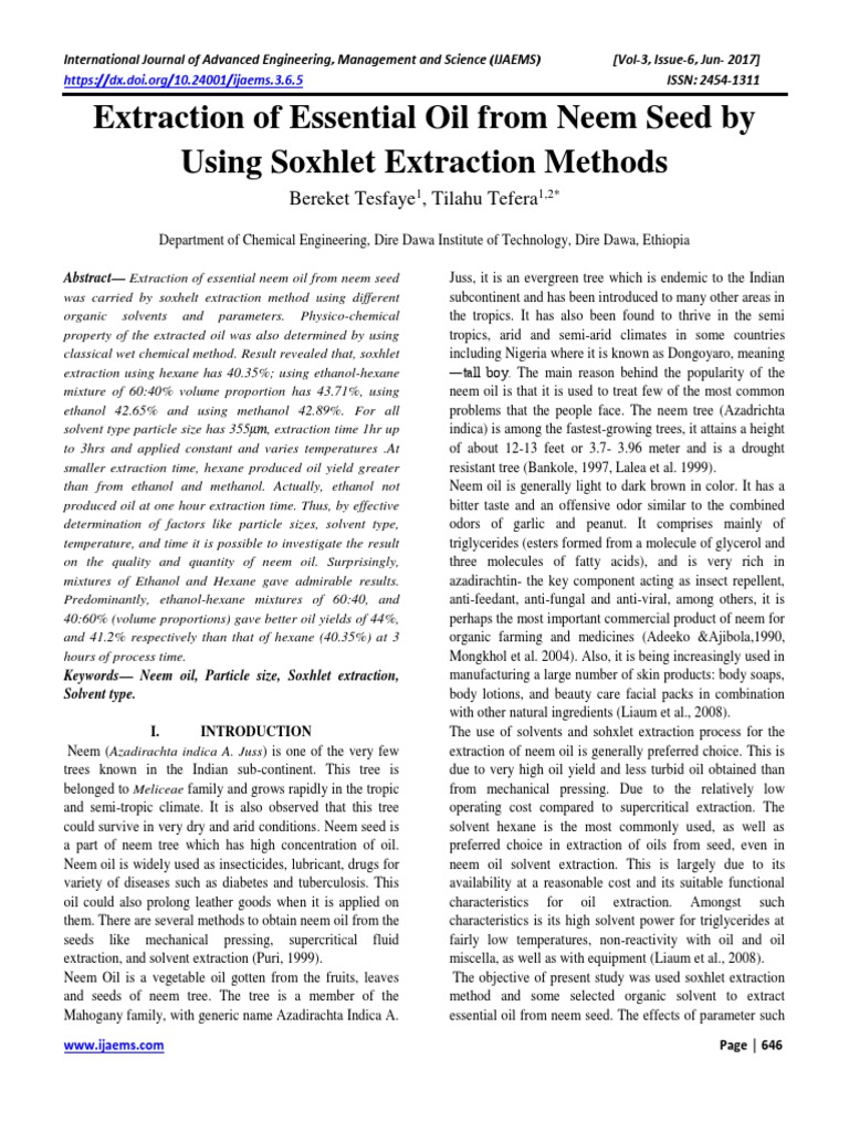 Extraction of Essential Oil From Neem Seed by Using Soxhlet Extraction ...