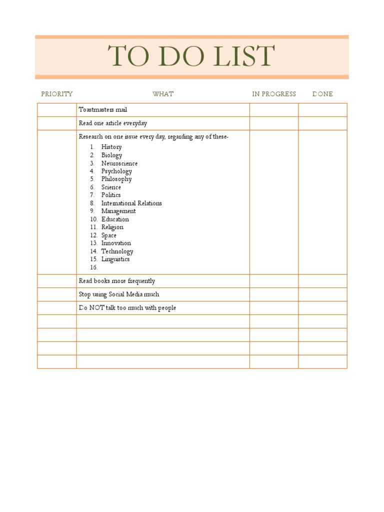 To Do List: Priority What in Progress Done | PDF