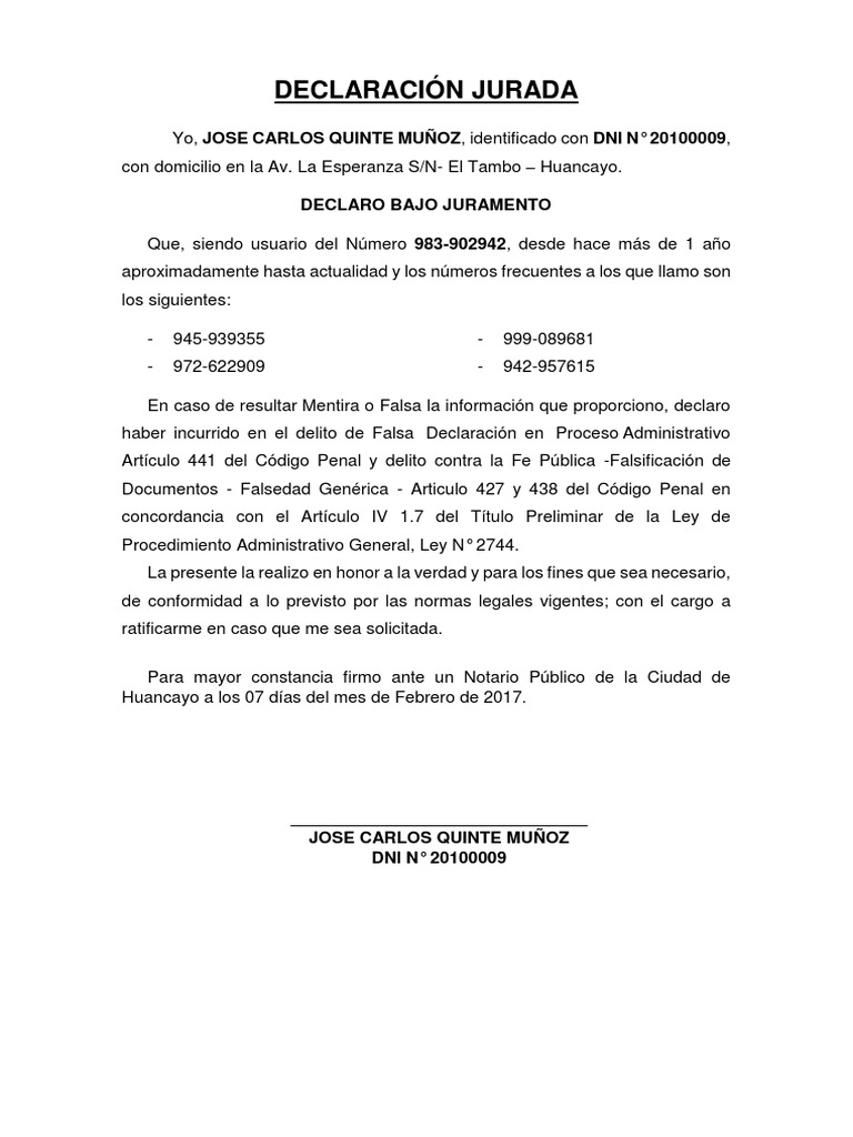 Declaración Jurada de Celular | PDF