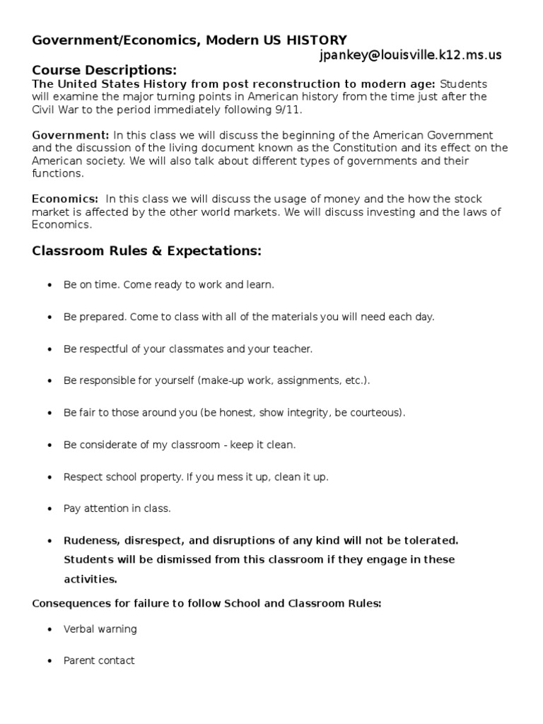 Government/Economics, Modern US HISTORY Course Descriptions | PDF ...