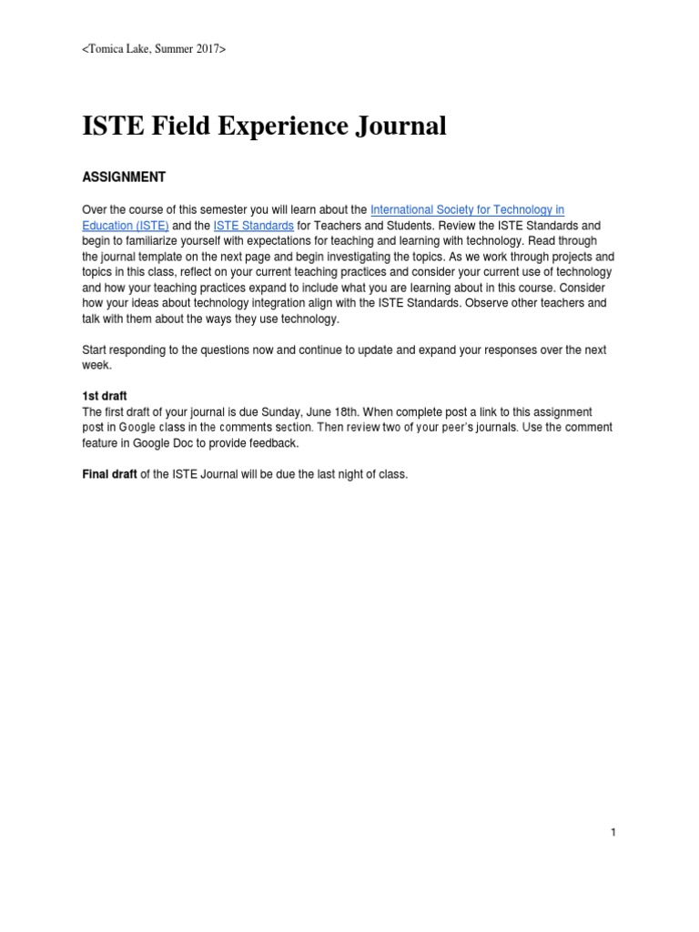 ISTE Field Experience Journal: Assignment | PDF | Educational ...