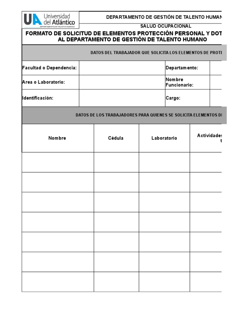 For TH 016 Formato Solicitud Elementos Proteccion Personal Dotacion Departamento Talento Humano ...