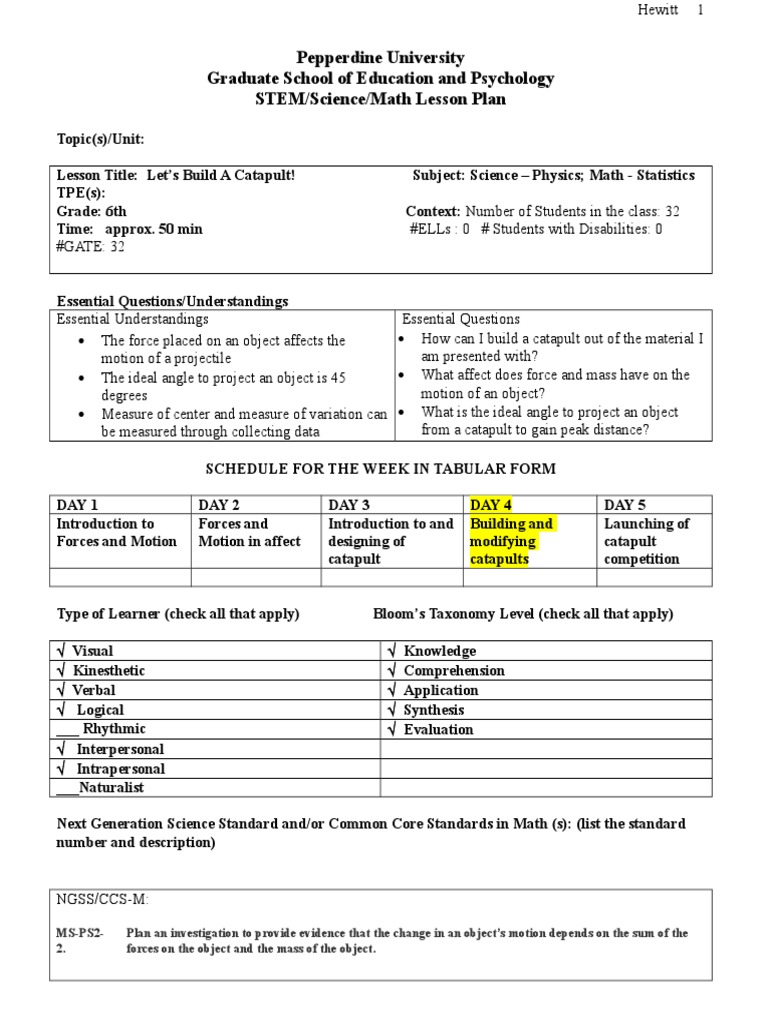 6th Grade Catapult Lesson Plan | PDF | Statistics | Science