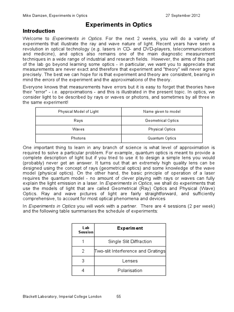 Optics Experiments Overview | PDF | Lens (Optics) | Diffraction