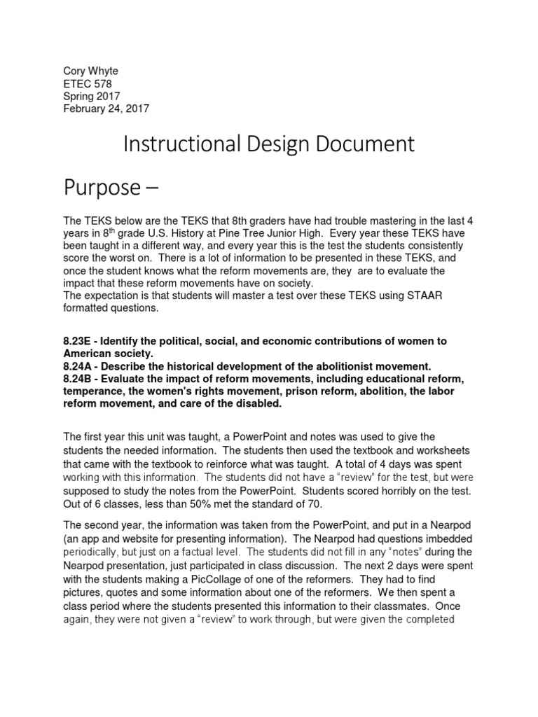 Cory Whyte - Instructional Design Document | PDF | Inquiry Based ...