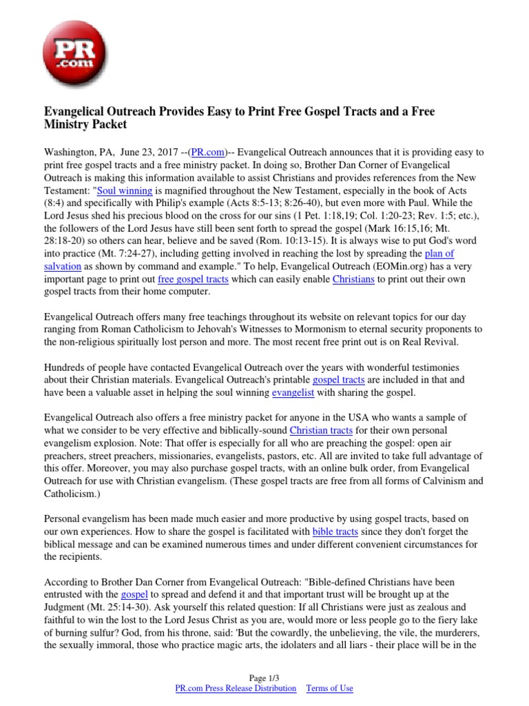 Evangelical Outreach Provides Easy to Print Free Gospel Tracts and a ...