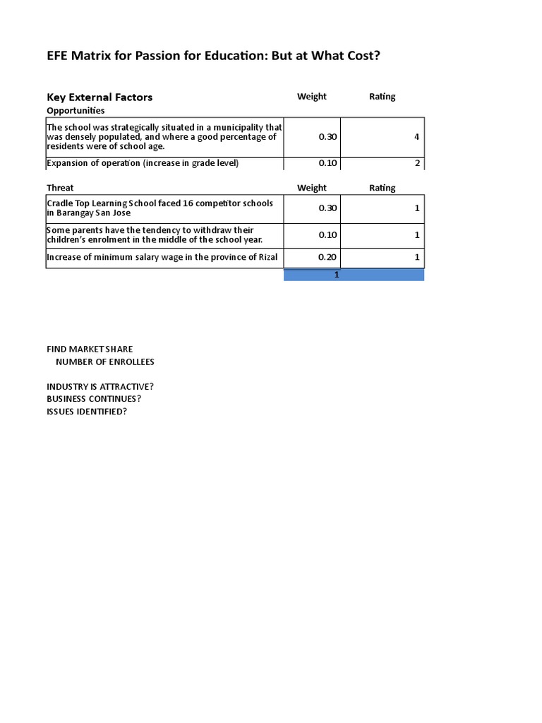 EFE Matrix For Passion For Education: But at What Cost?: Key External ...