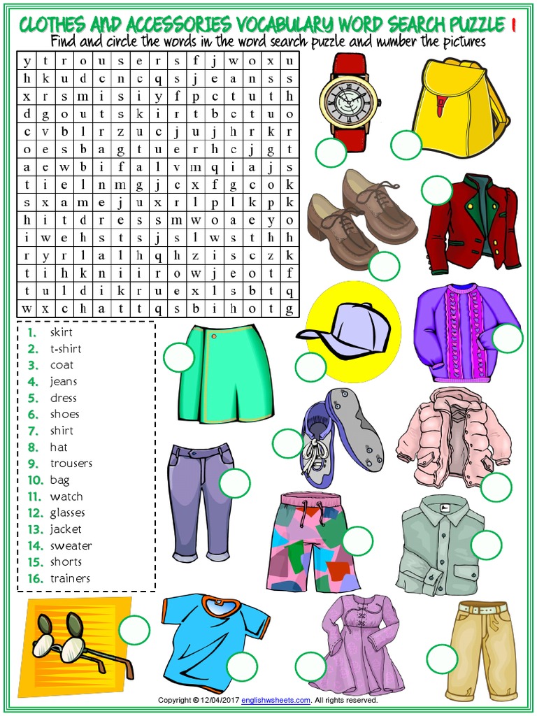 Clothes and Accessories Vocabulary Esl Word Search Puzzle Worksheets ...