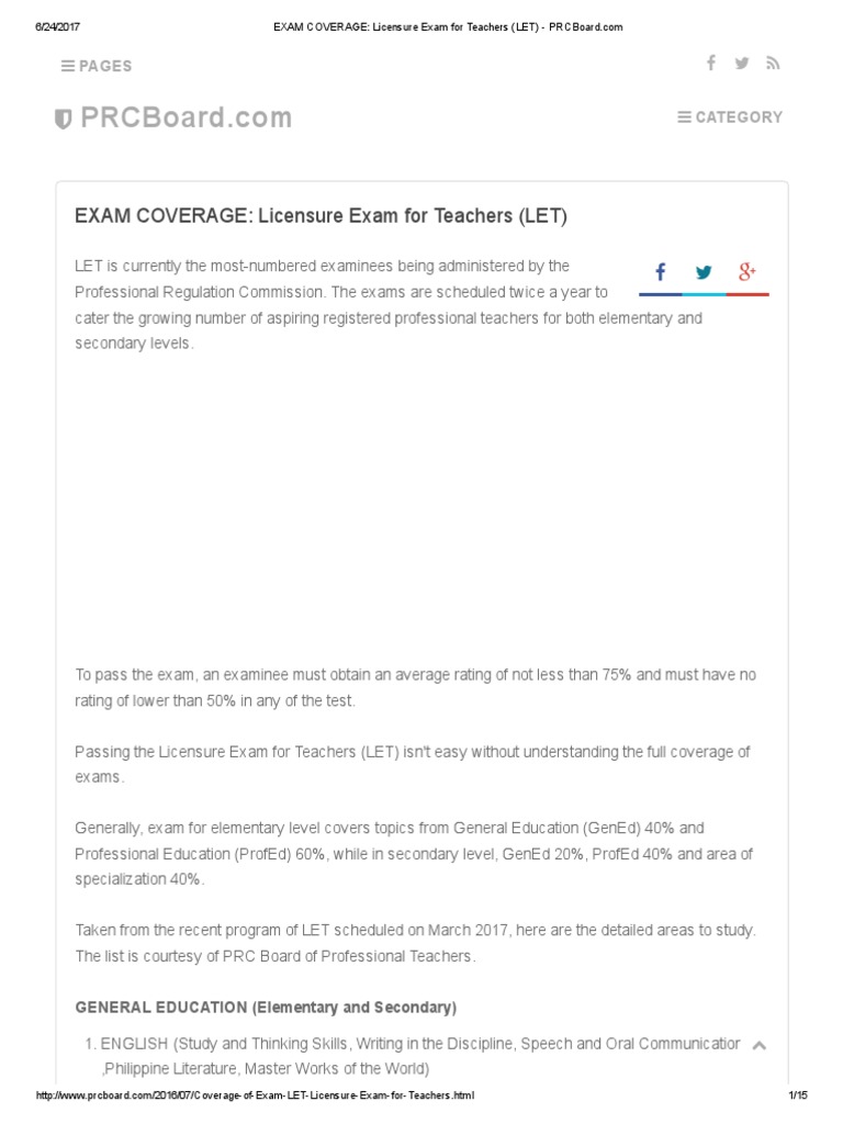 EXAM COVERAGE - Licensure Exam For Teachers (LET) - PRCBoard | PDF ...