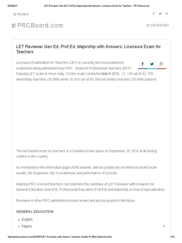 LET Reviewer Gen Ed, Prof Ed, Majorship With Answers - Licensure Exam ...