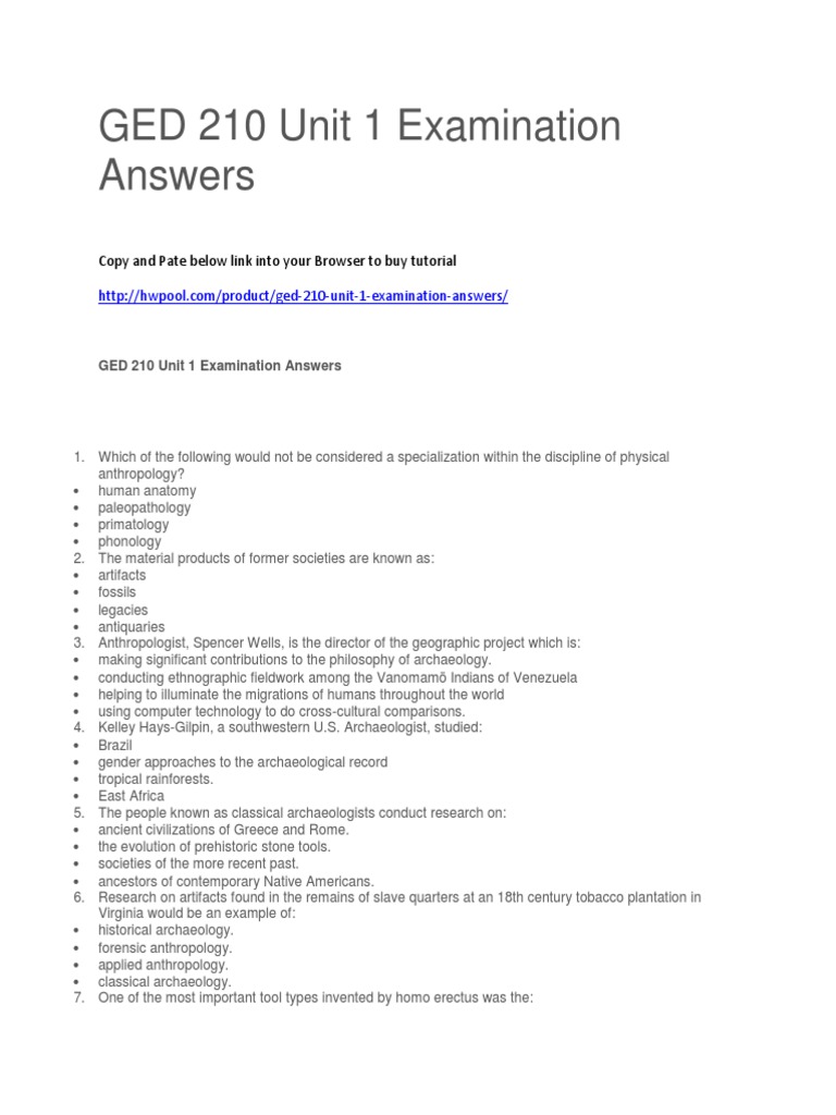 GED 210 Unit 1 Examination Answers.docx | Homo | Archaeology
