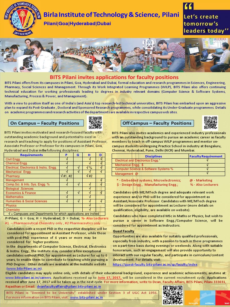 BITS Pilani Faculty Positions 2023 | PDF | Doctor Of Philosophy | Academia