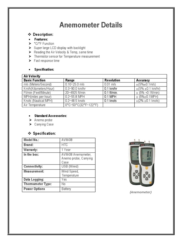 Anemometer Features and Specs | PDF